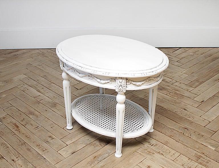 19th Century Louis XVI Style Painted Cane and Marble Side Table with ...