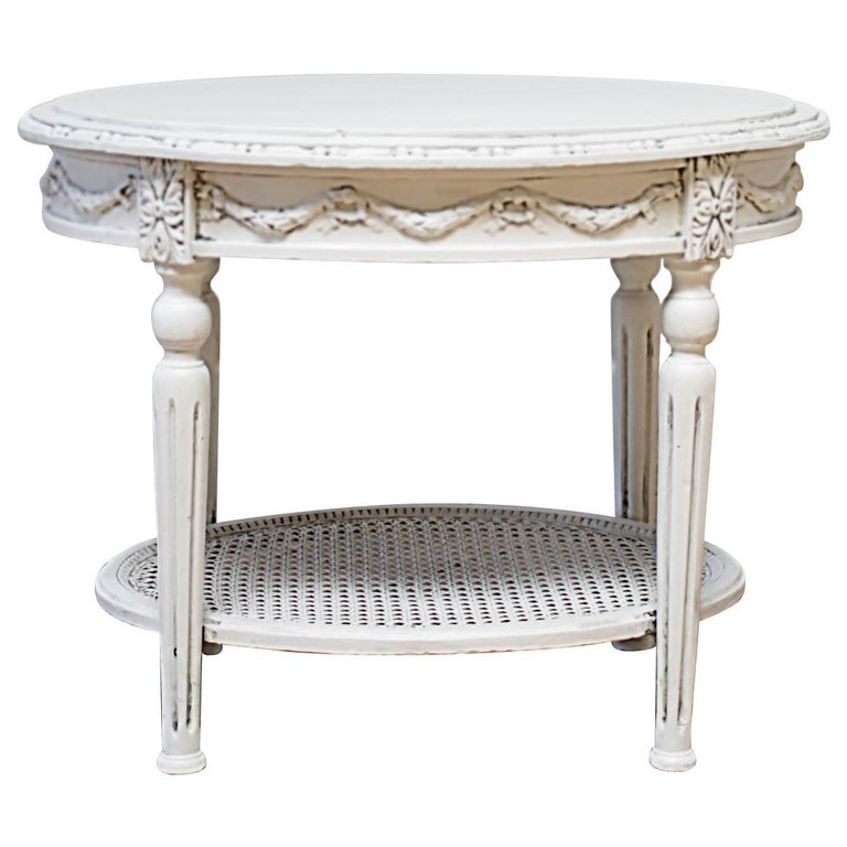 19th Century Louis XVI Style Painted Cane and Marble Side Table with ...