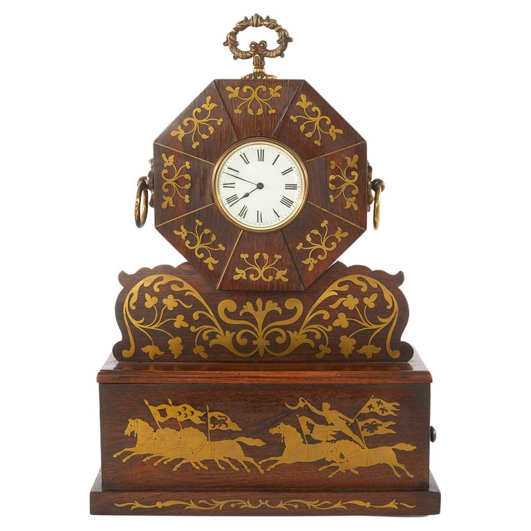 19th Century Mahogany / Brass Inlay Desk Clock For Sale at 1stDibs