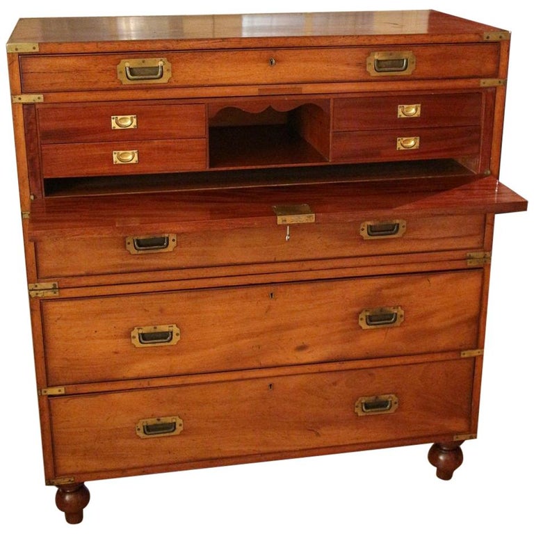 19th Century Mahogany Campaign Secretaire Chest at 1stDibs