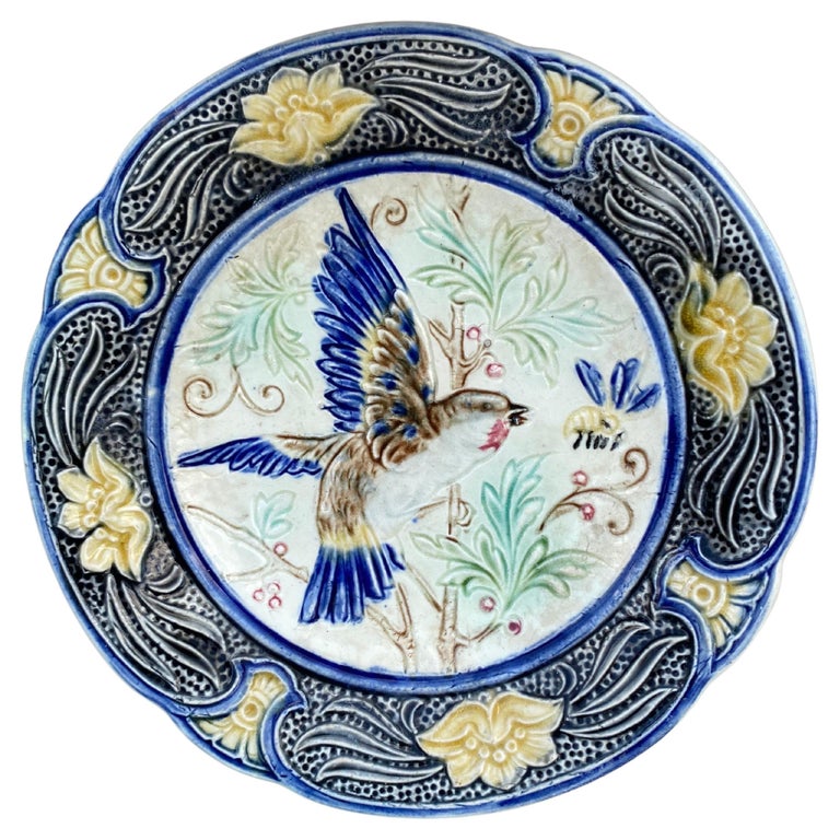 19th Century Majolica Bird and Bee Plate Wasmuel at 1stDibs