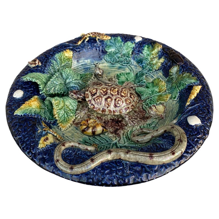 19th Century Majolica Palissy Turtle Platter Victor Barbizet at 1stDibs