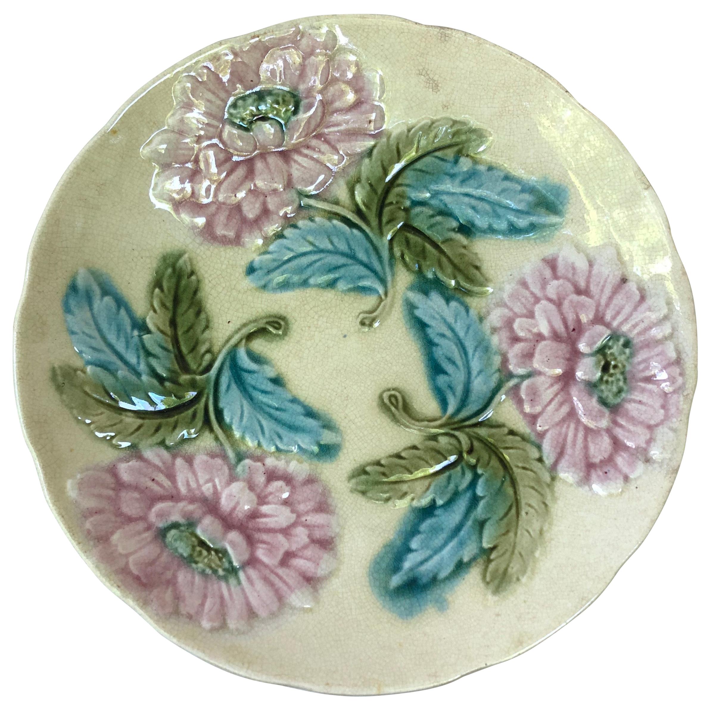 19th Century Majolica Pink Flowers Plate Onnaing at 1stDibs