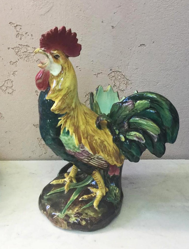 19th Century Majolica Rooster Vase Delphin Massier For Sale at 1stDibs