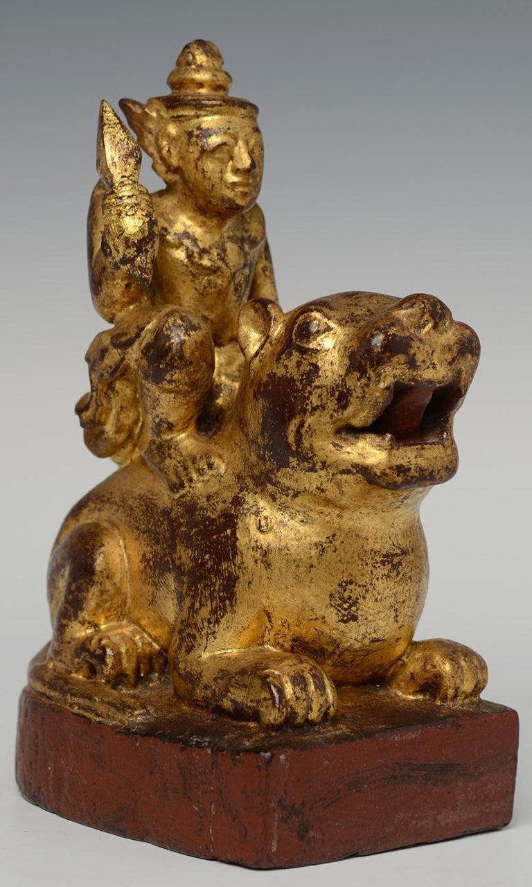 19th Century, Mandalay, Antique Burmese Wooden Angel Riding Tiger For ...