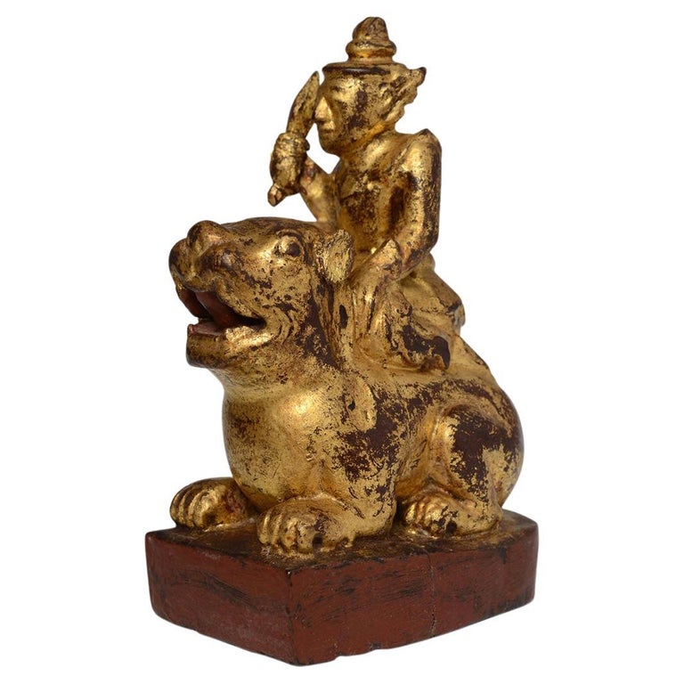 19th Century, Mandalay, Antique Burmese Wooden Angel Riding Tiger For ...