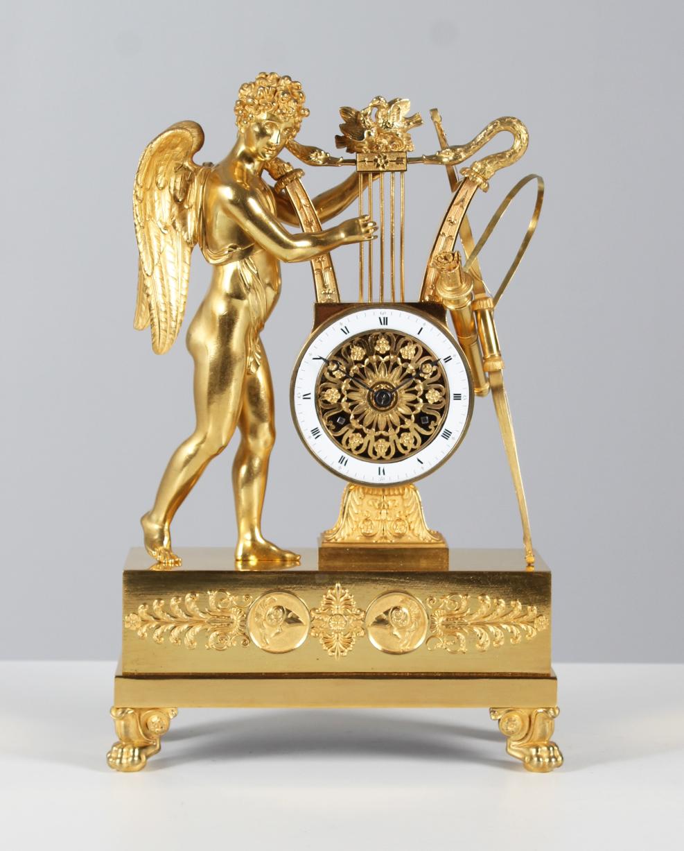 19th Century Mantel Clock, Cupido With Lyre, Firegilded Bronze, France ...