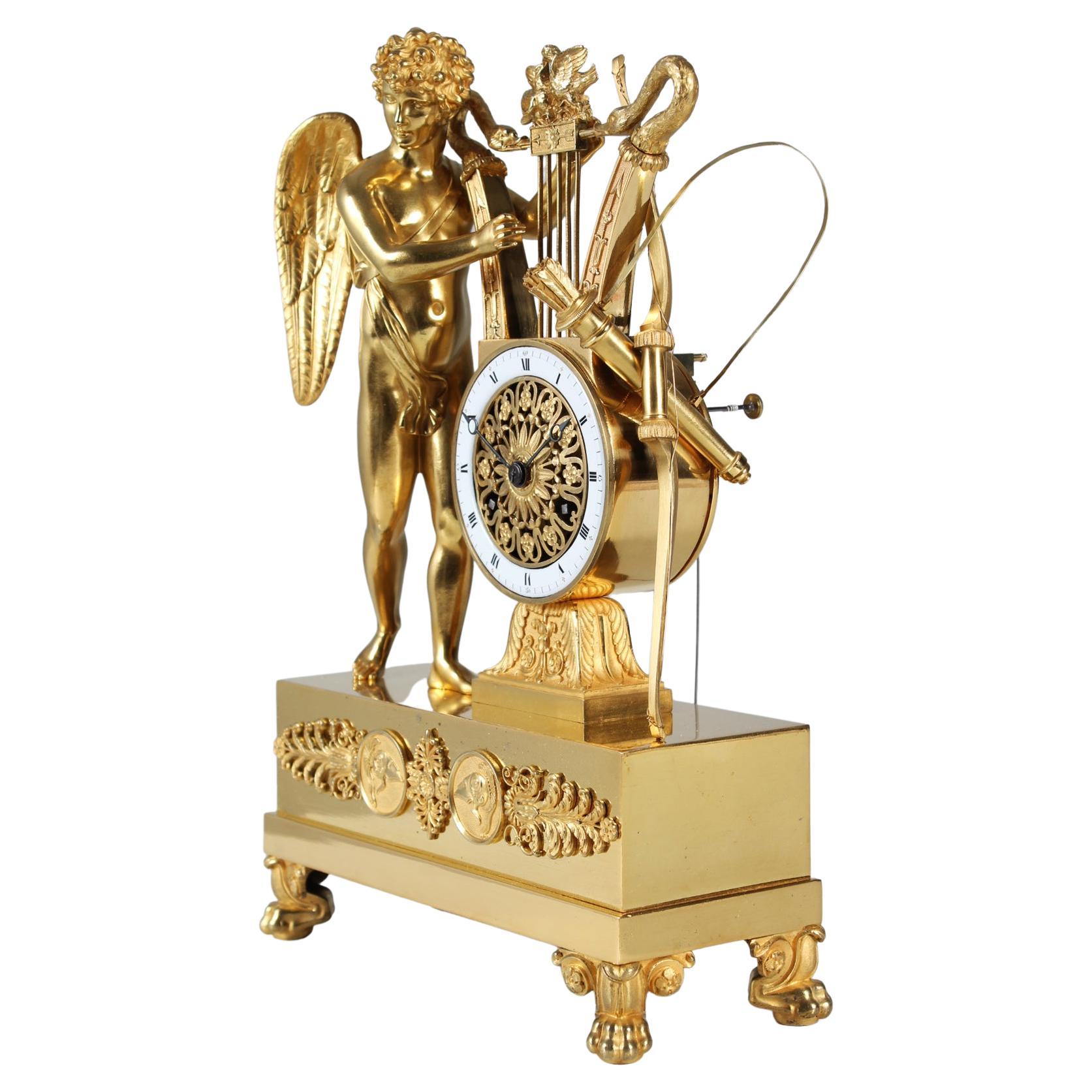 19th Century Mantel Clock, Cupido With Lyre, Firegilded Bronze, France ...