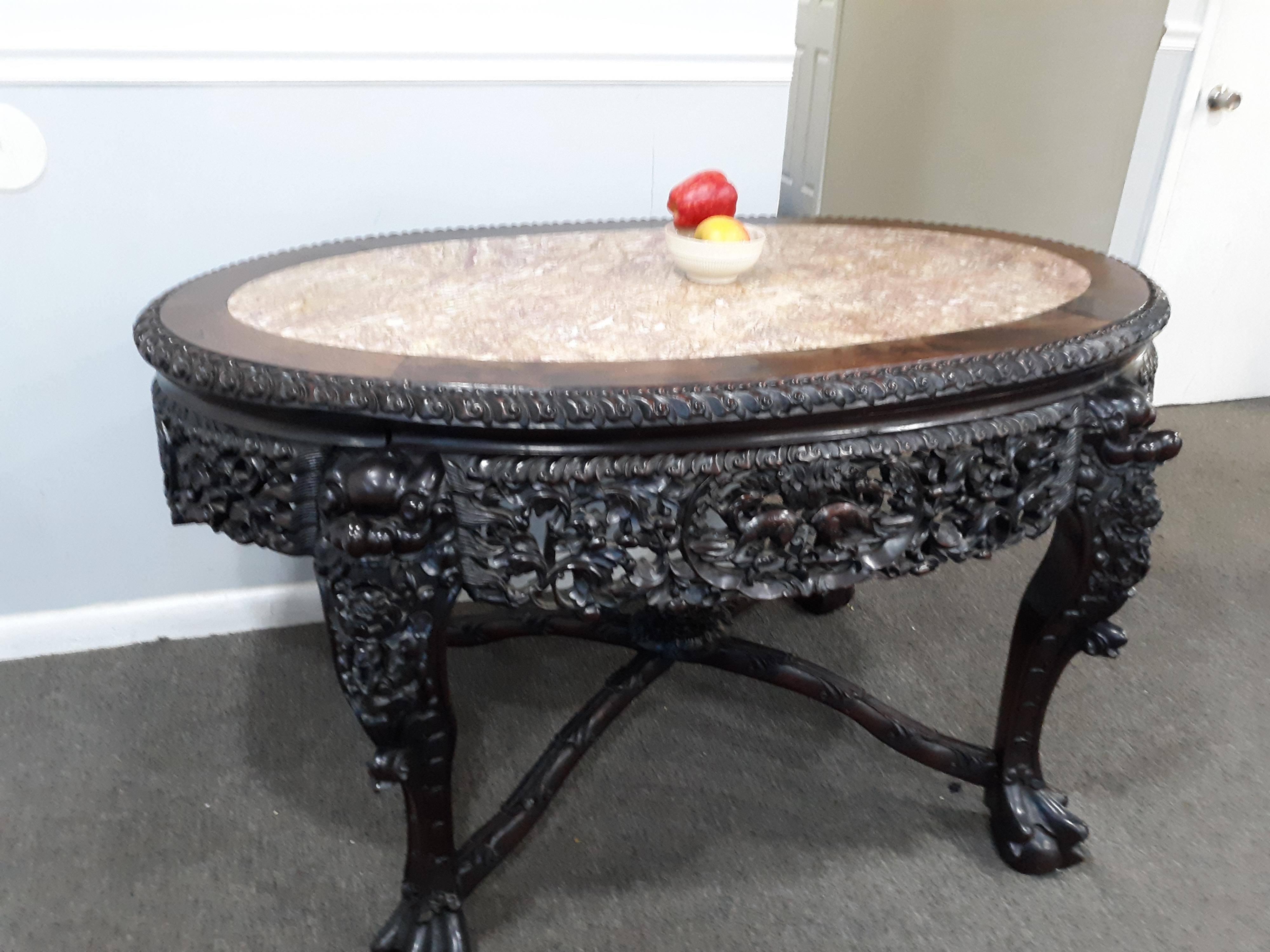 19th Century Marble Topped Antique Chinese Carved Entrance Table at ...