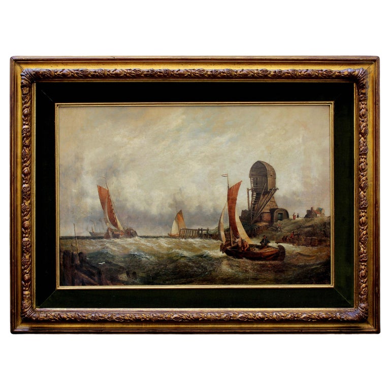 19th Century Marina with Boats Painting Oil on Canvas by James Clarke ...