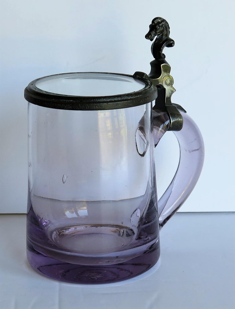 19th Century Mauve Glass Tankard Hand Blown with Pewter Horse Head ...