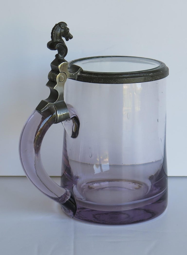 19th Century Mauve Glass Tankard Hand Blown with Pewter Horse Head ...