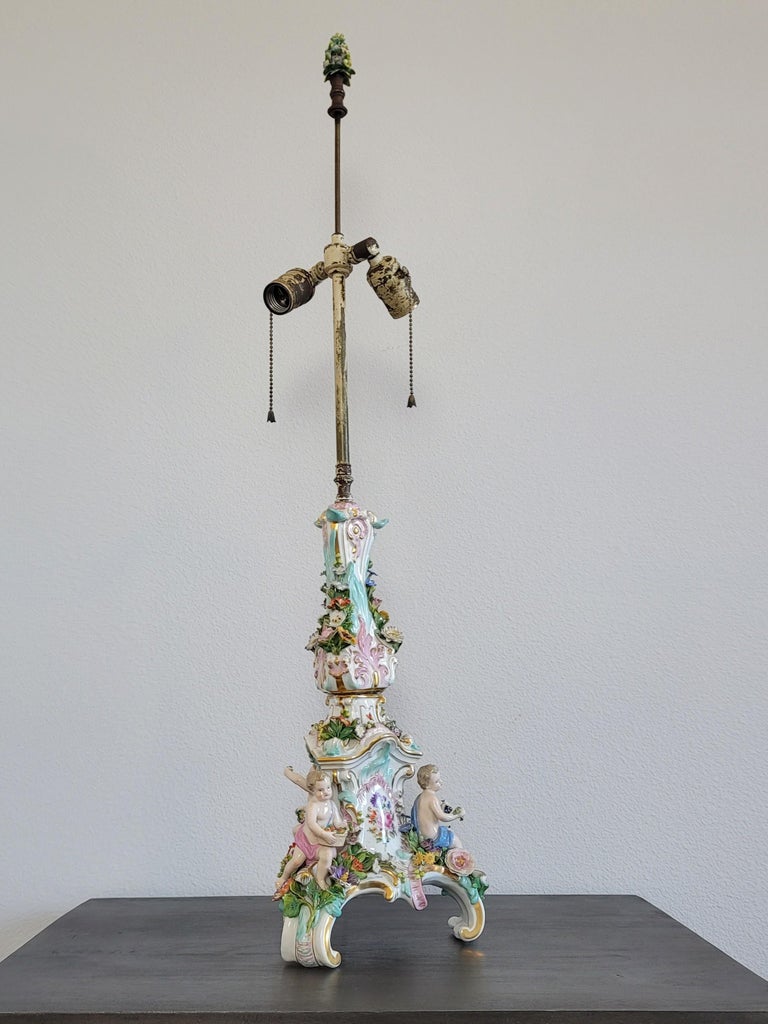 19th Century Meissen Porcelain Rococo Style Candlestick Table Lamp For ...