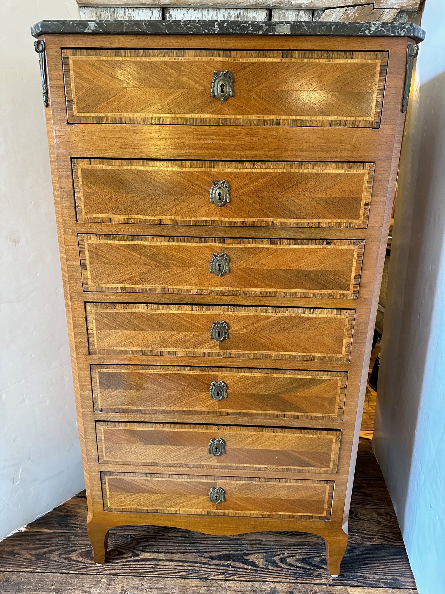 19th Century Mixed Wood Inlaid Lingerie Chest of Drawers with Marble ...
