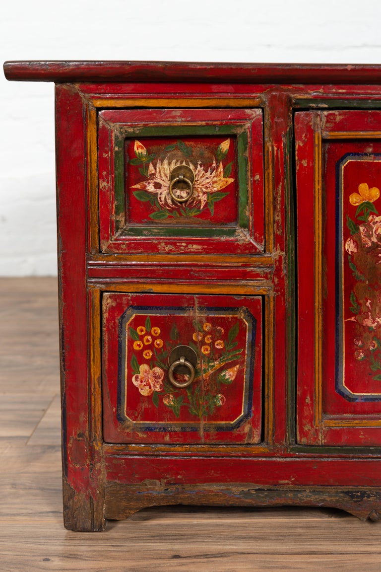 Mongolian Red Lacquered Cabinet with Hand Painted Floral Décor, circa ...