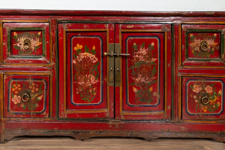 Mongolian Red Lacquered Cabinet with Hand Painted Floral Décor, circa ...