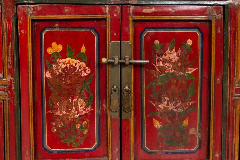 Mongolian Red Lacquered Cabinet with Hand Painted Floral Décor, circa ...
