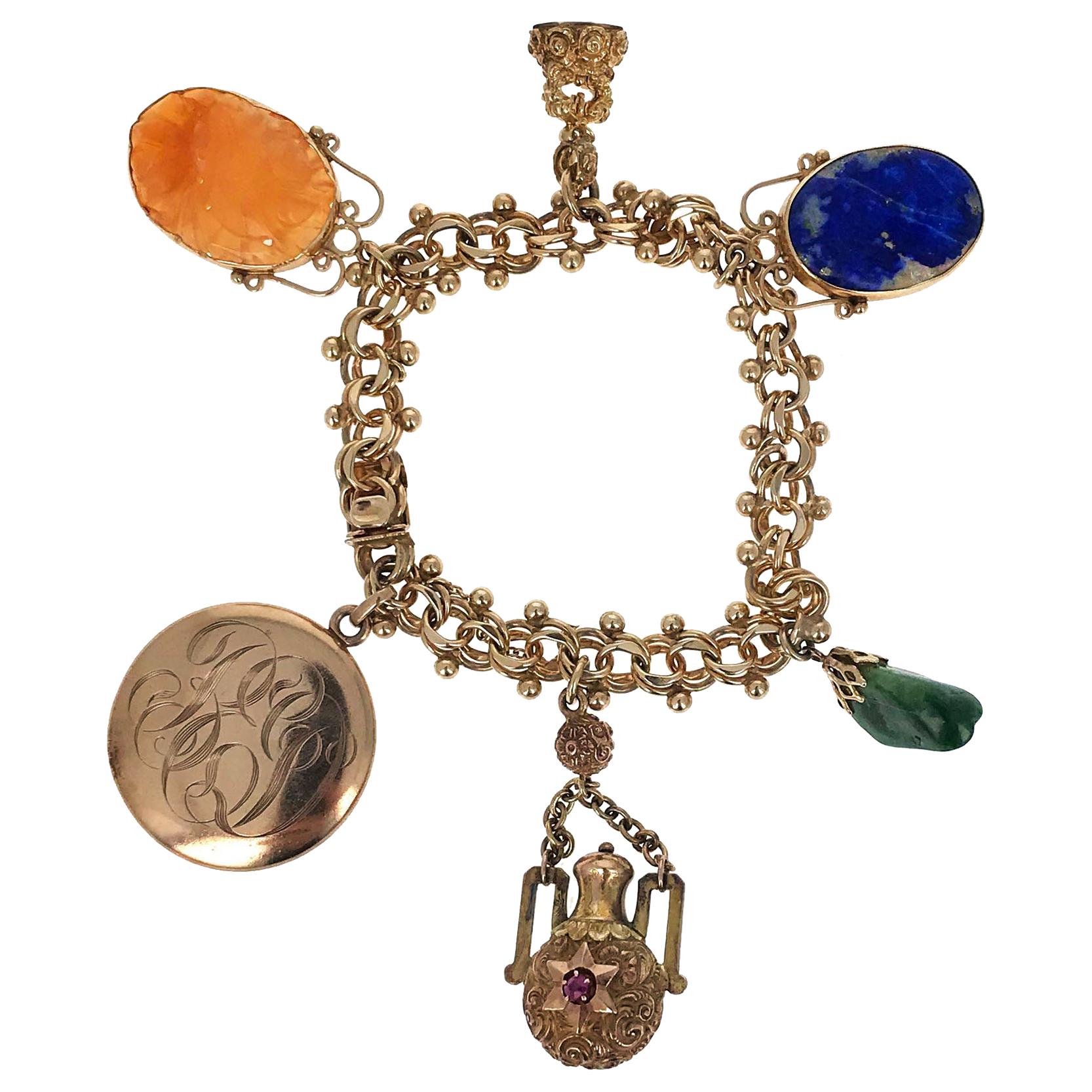 Antique Multi-Gem Gold Charm Bracelet For Sale at 1stDibs