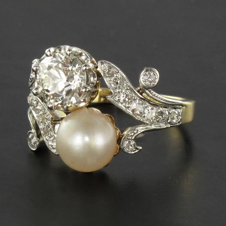 19th Century Napoleon 3 Diamond Natural Pearl You and Me Engagement ...