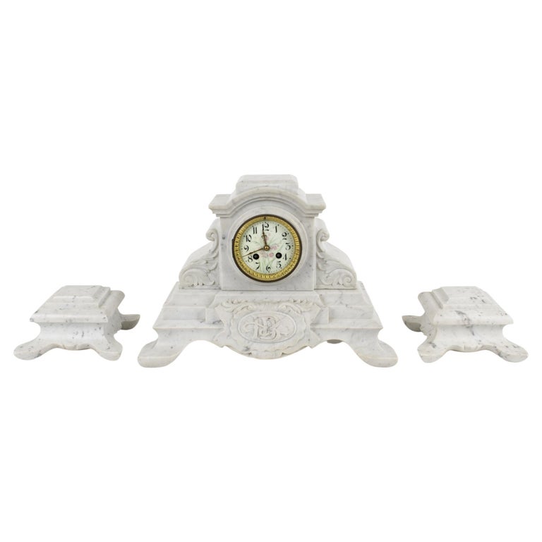 19th Century Napoleon III White Carrara Marble Mantel Clock Set by ...