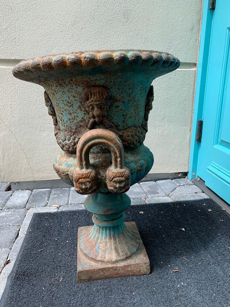 19th Century Neoclassical Iron Urn with Old Blue Paint For Sale at 1stDibs
