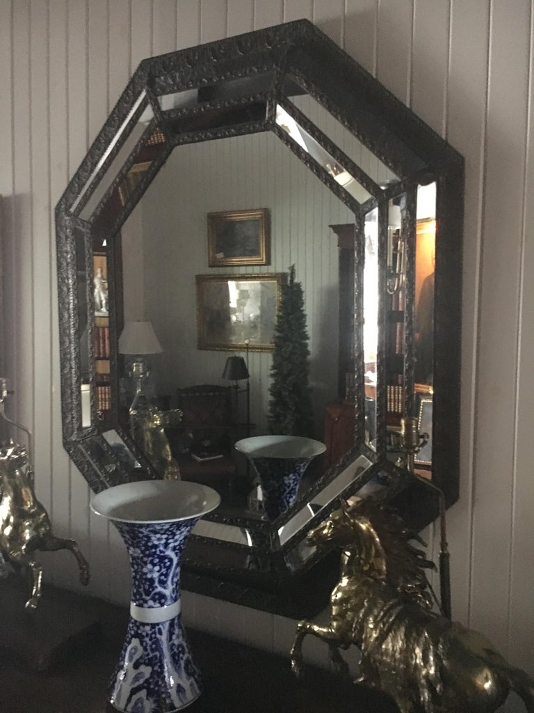 19th Century Octagonal Mirror with Repousse Metal Frame, Original ...