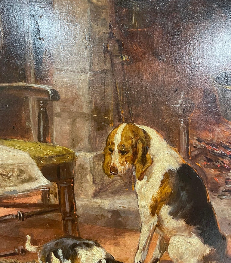 19th Century Oil on Board Beagle Painting in Carved Frame Signed E ...