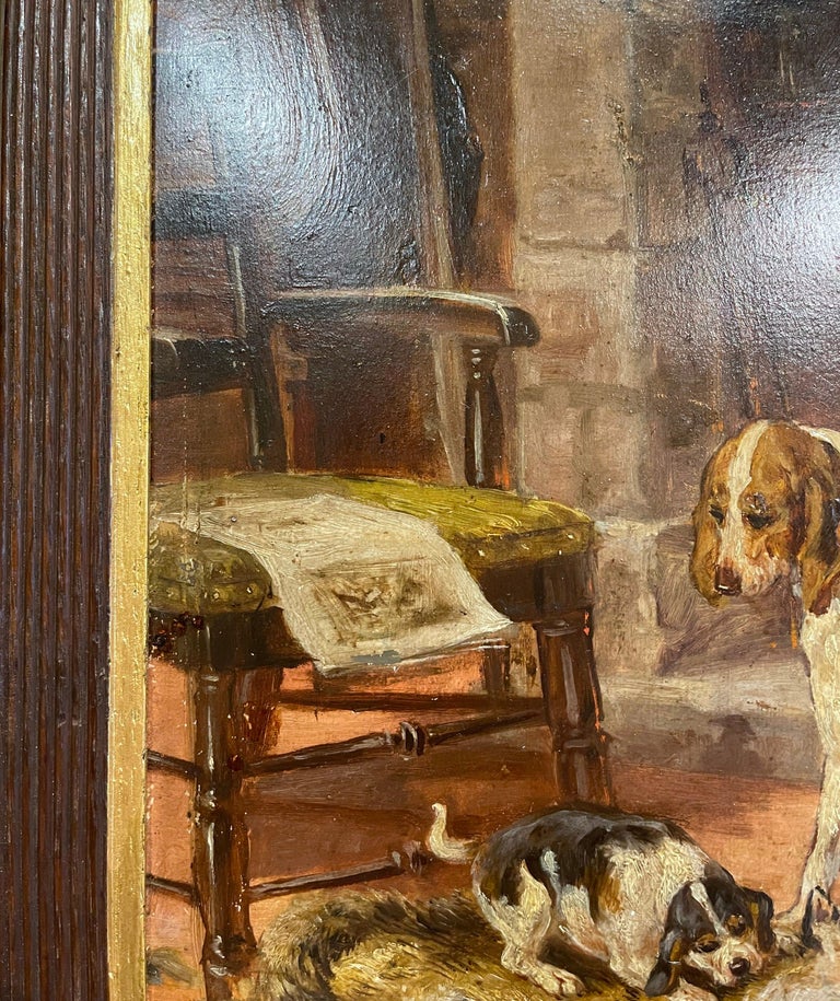 19th Century Oil on Board Beagle Painting in Carved Frame Signed E ...