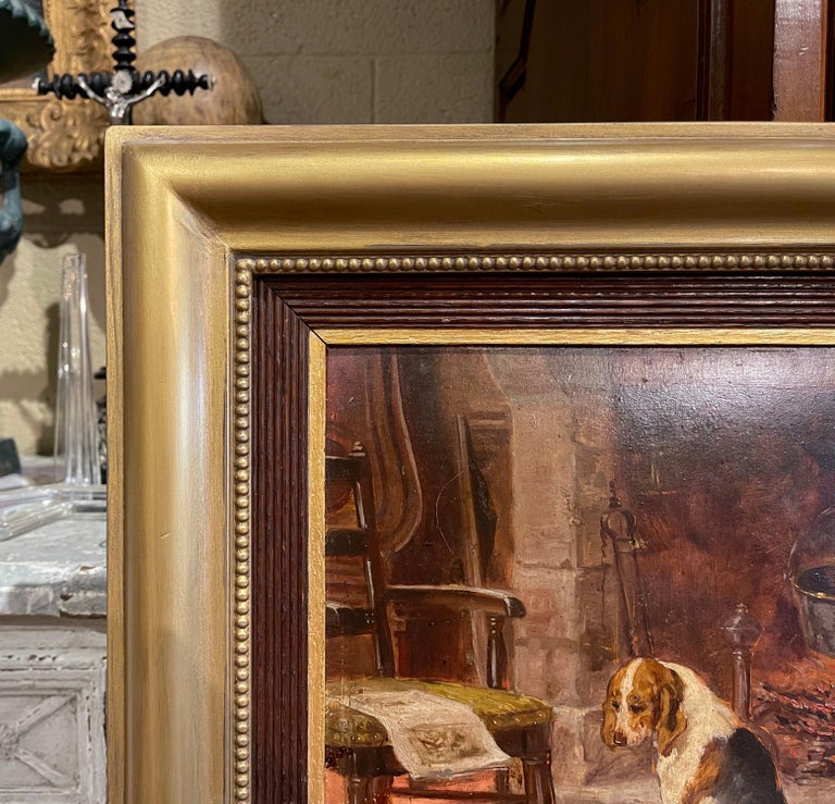19th Century Oil on Board Beagle Painting in Carved Frame Signed E ...