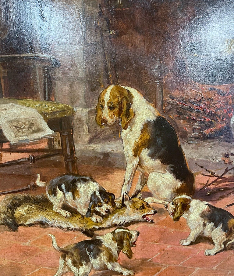 19th Century Oil on Board Beagle Painting in Carved Frame Signed E ...