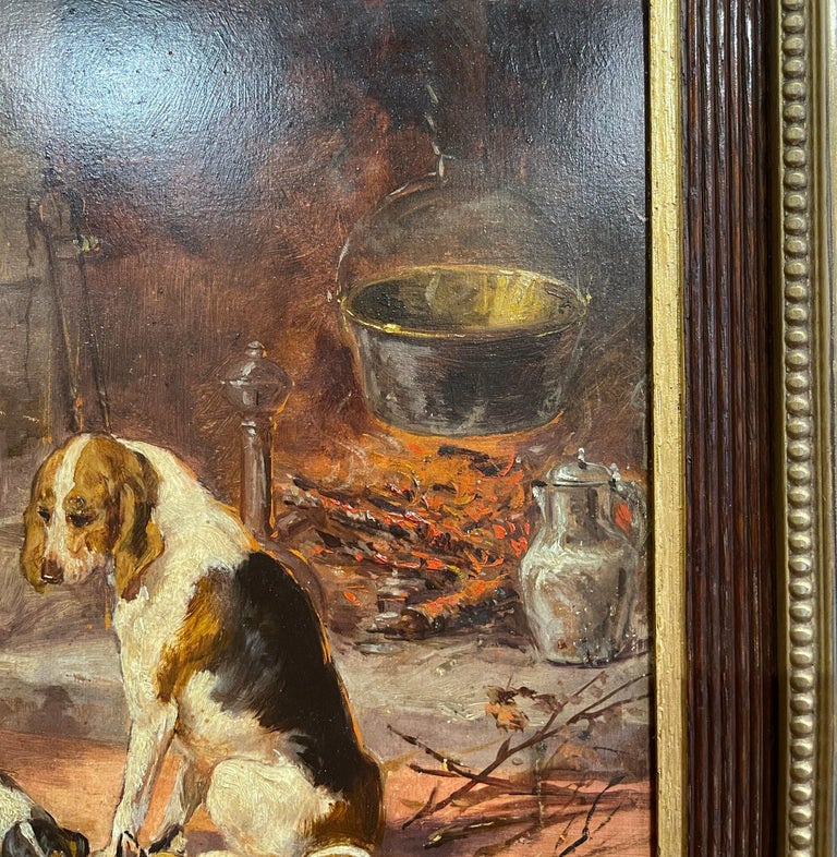 19th Century Oil on Board Beagle Painting in Carved Frame Signed E ...