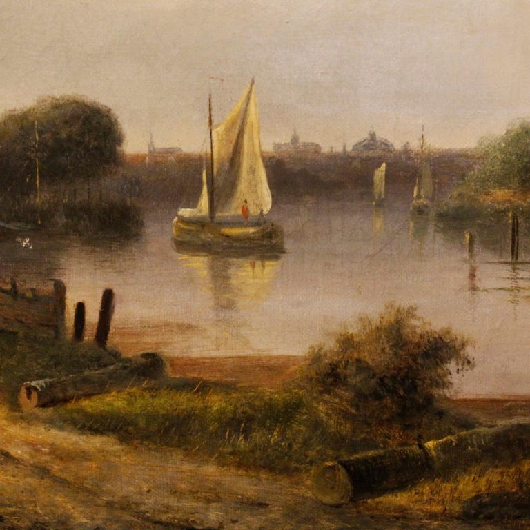 19th Century Oil on Canvas Antique Dutch Painting Landscape with ...