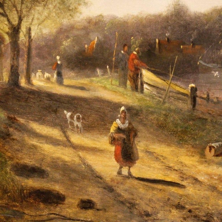 19th Century Oil on Canvas Antique Dutch Painting Landscape with ...