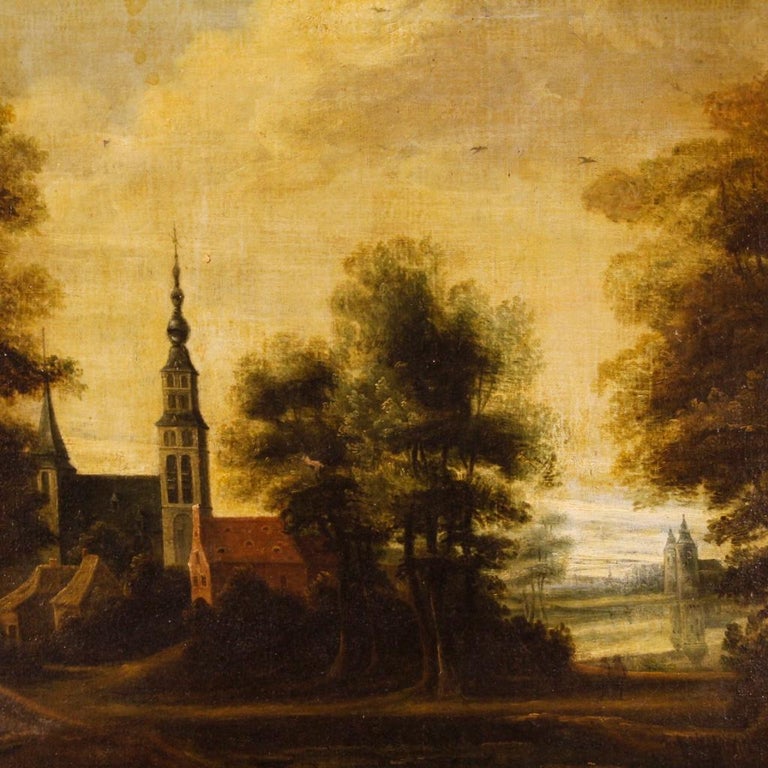19th Century Oil on Canvas Dutch Landscape with Architecture Painting ...