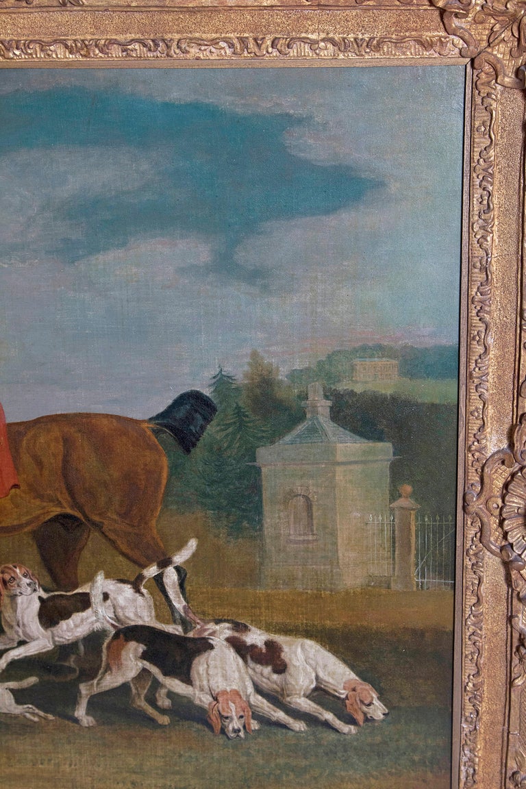 19th Century Oil on Canvas English Hunting Scene of Rider on Horse with ...