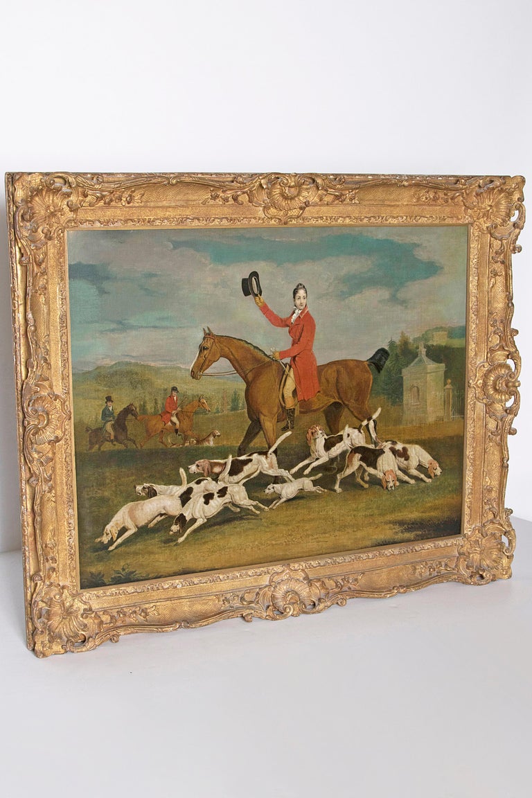 19th Century Oil on Canvas English Hunting Scene of Rider on Horse with ...