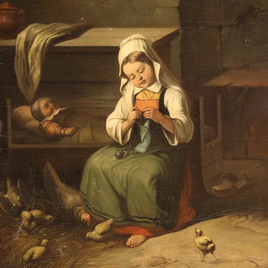 19th Century Oil on Canvas Flemish Antique Interior Scene Painting ...