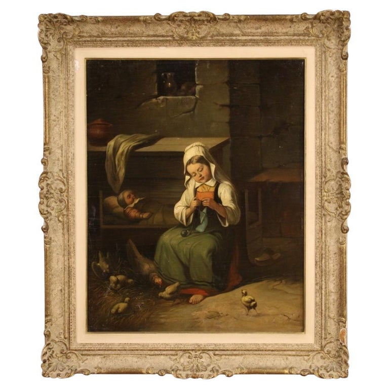 19th Century Oil on Canvas Flemish Antique Interior Scene Painting ...