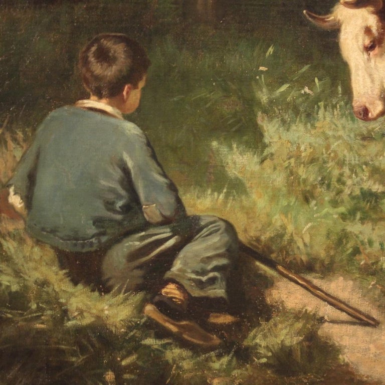 19th Century Oil on Canvas French Antique Signed Painting Bucolic Scene ...