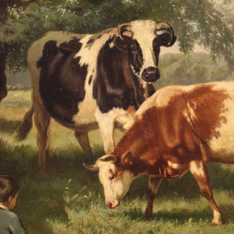 19th Century Oil on Canvas French Antique Signed Painting Bucolic Scene ...