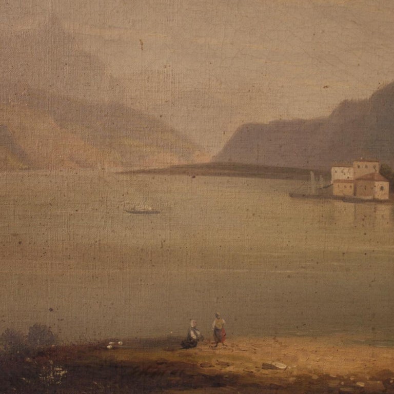 19th Century Oil on Canvas Italian Antique Painting Lake View Landscape ...