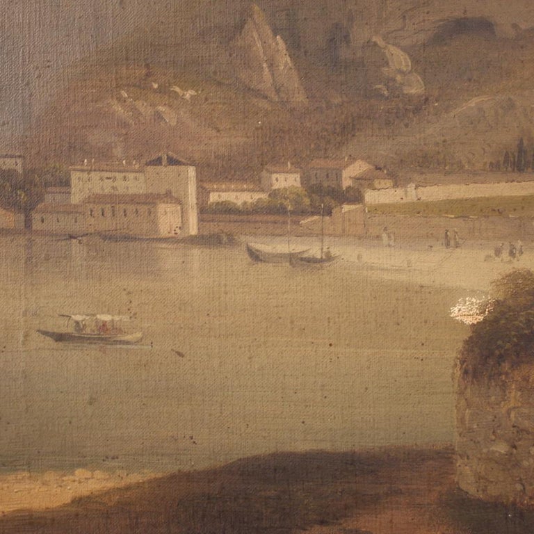 19th Century Oil on Canvas Italian Antique Painting Lake View Landscape ...