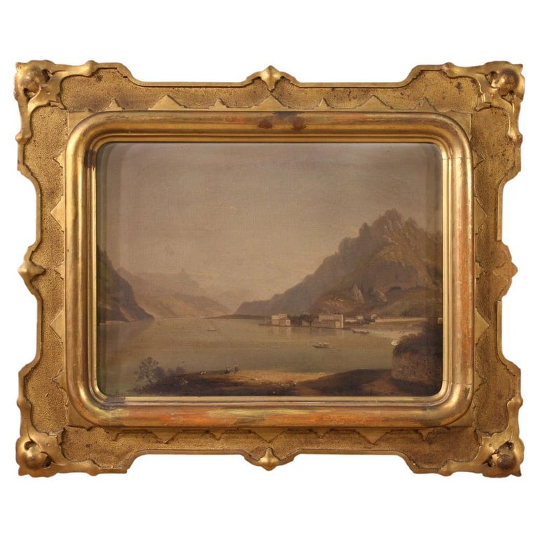 19th Century Oil on Canvas Italian Antique Painting Lake View Landscape ...