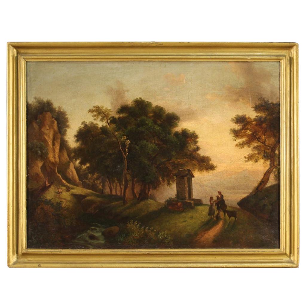 19th Century Oil on Canvas Italian Painting Landscape with Characters ...