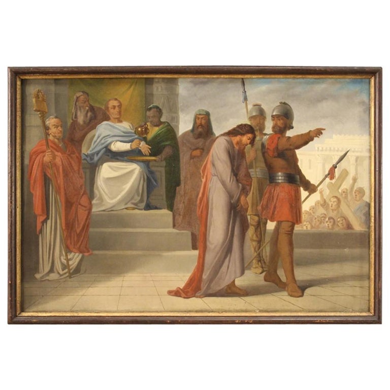 19th Century Oil on Canvas Italian Painting The Judgment of Pontius ...