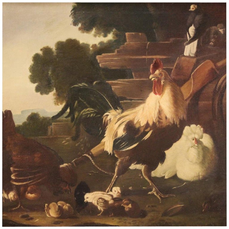 19th Century Oil on Canvas Italian Painting View with Courtyard Animals ...