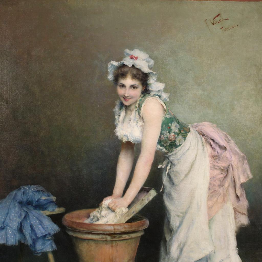 19th Century Oil on Canvas Italian Signed Painting The Washerwoman ...