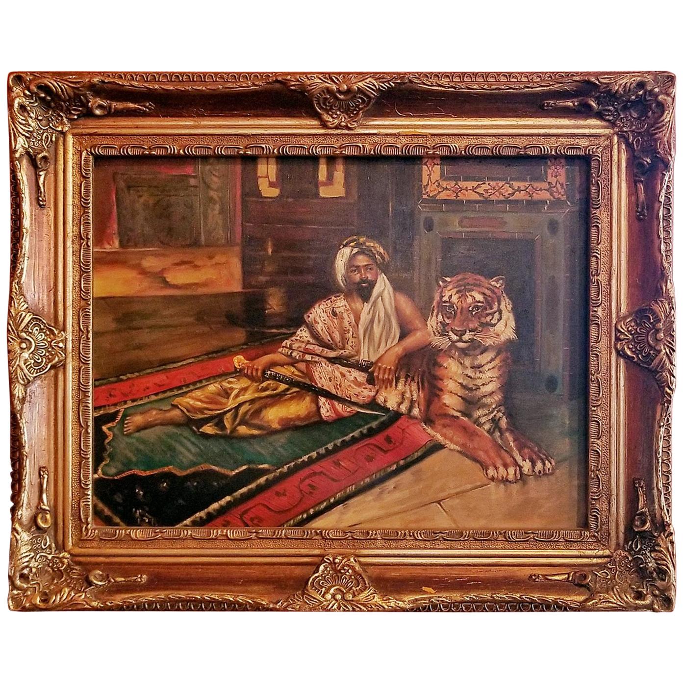 19th Century Oil on Canvas of Raj or Prince with Tiger at 1stDibs