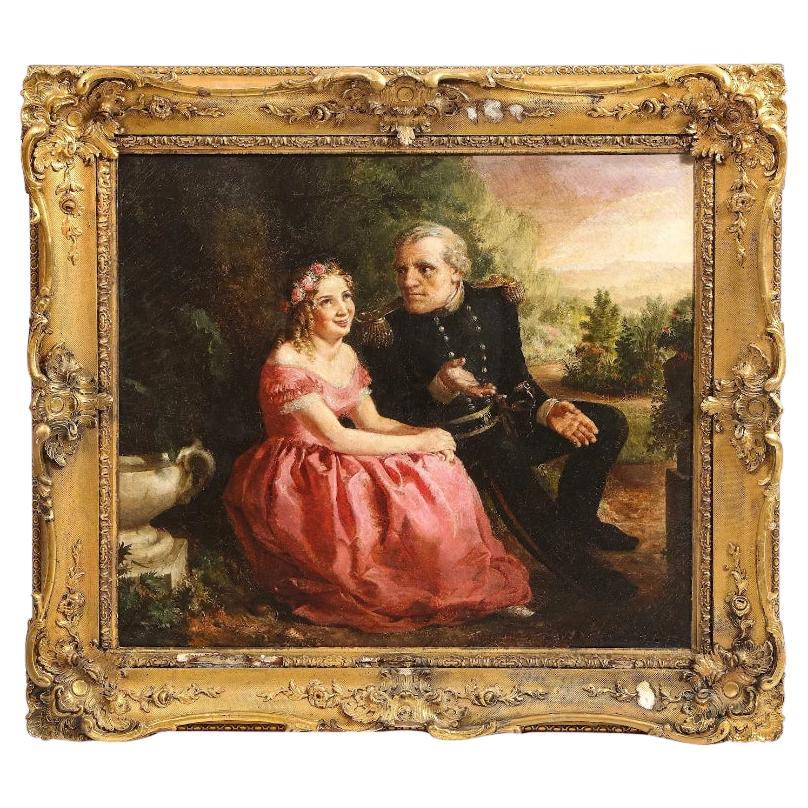 19th Century Romantic English Painting of a Maid and Her Lover, Signed ...