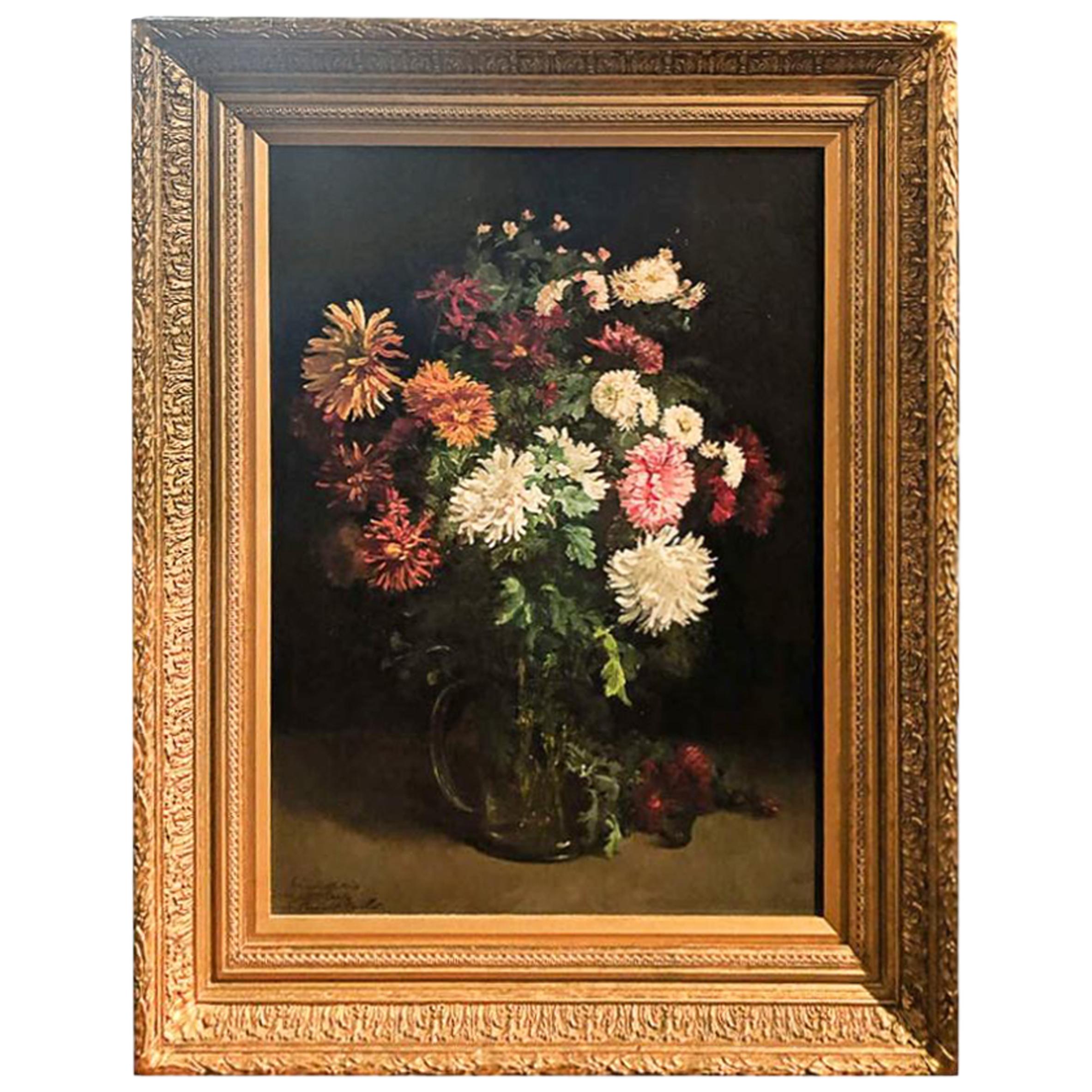 19th Century Oil on Canvas Still Life Signed with Label in an Ebony and ...